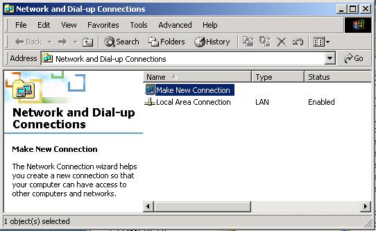 Click the 'Make New Connection' icon to launch the Network Connection ...